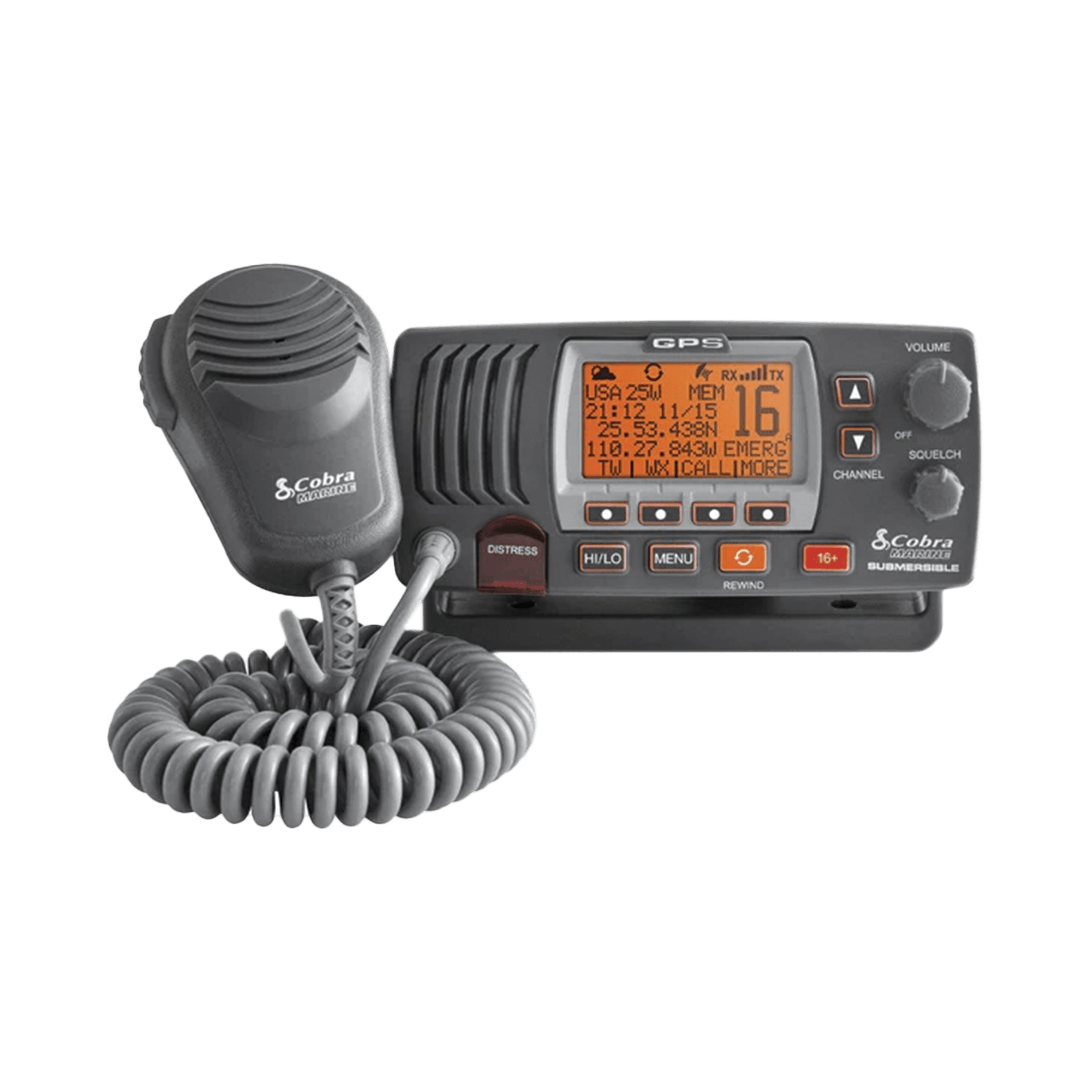 Radio móvil marino VHF clase D con antena interna de GPS, función de m ...