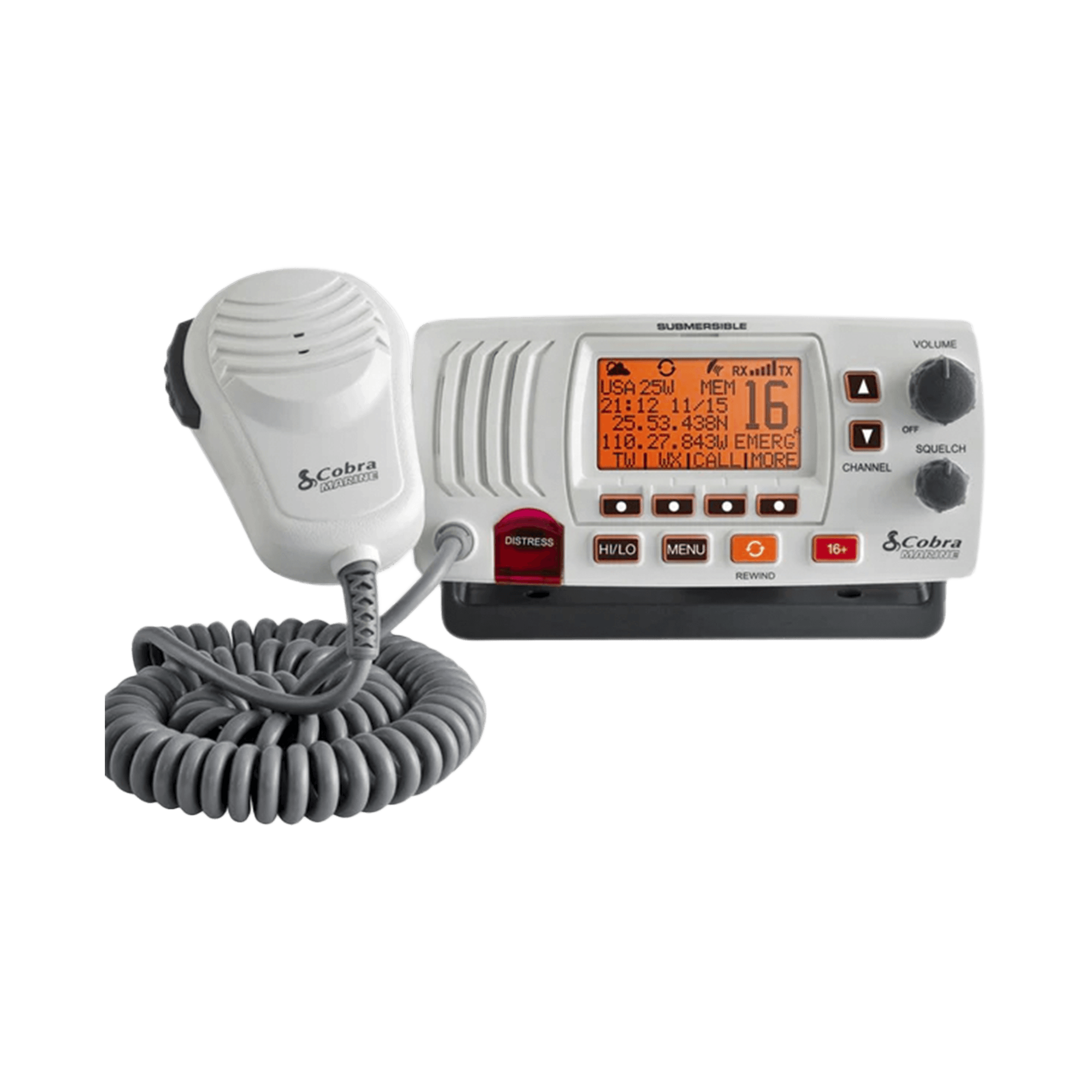 Radio móvil marino VHF clase D con antena interna de GPS, función de m ...